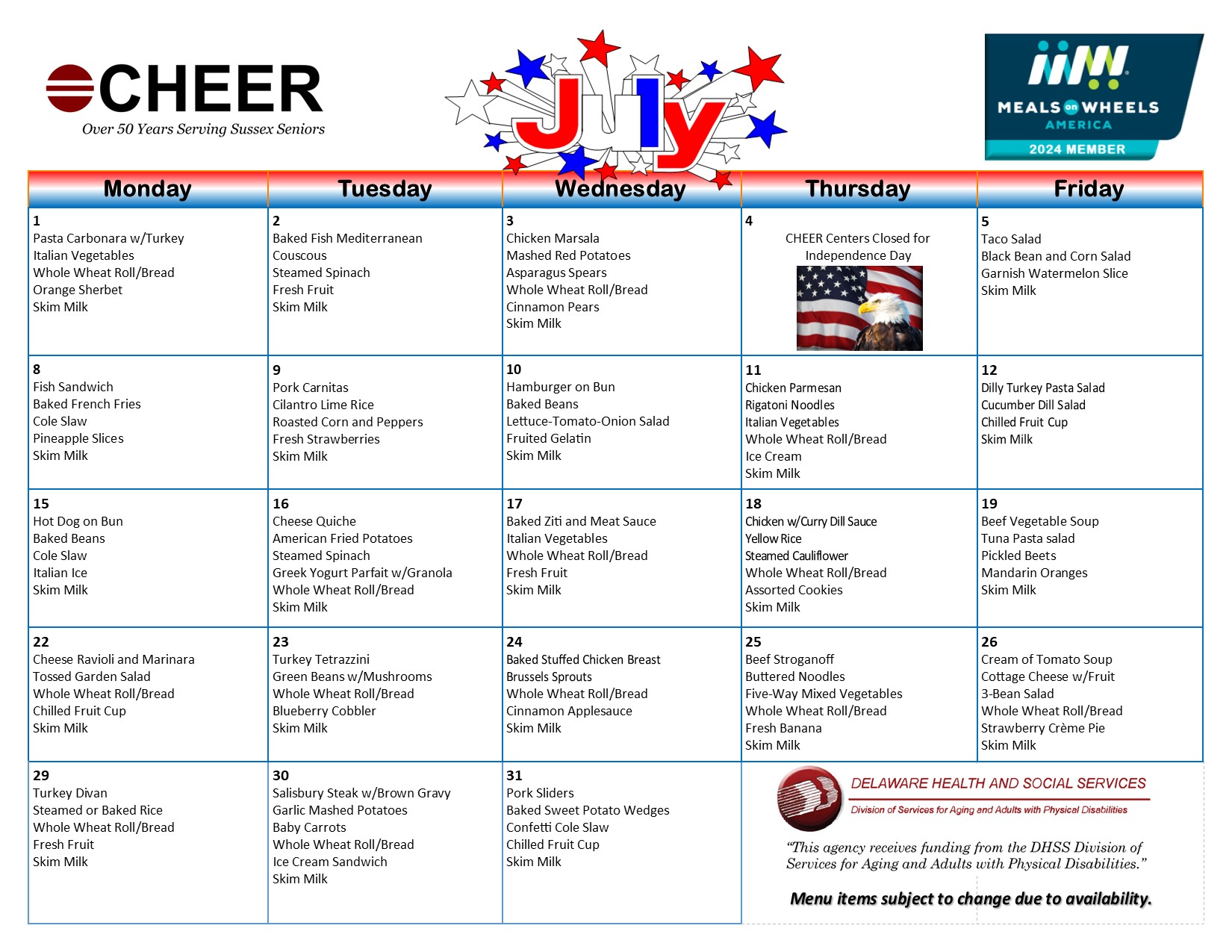 Lunch Menu - Cheer DE